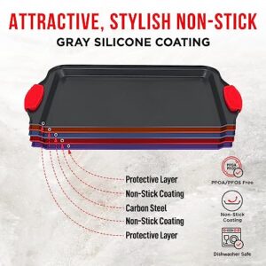 Nonstick Cookie Sheet Pan Carbon Steel Oven Tray Sheet Pan with Red Silicone Handles -Medium Bakeware Pan Tray with Gray Coating Inside & Outside