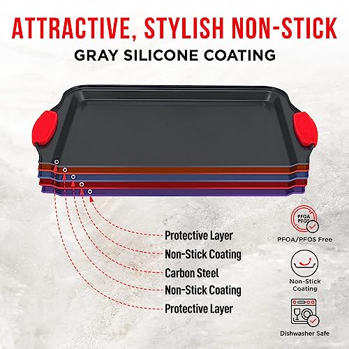 Nonstick Cookie Sheet Pan Carbon Steel Oven Tray Sheet Pan with Red Silicone Handles -Medium Bakeware Pan Tray with Gray Coating Inside & Outside