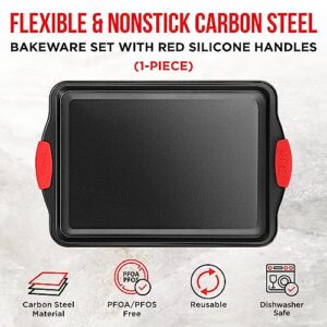 Nonstick Cookie Sheet Pan Carbon Steel Oven Tray Sheet Pan with Red Silicone Handles -Medium Bakeware Pan Tray with Gray Coating Inside & Outside