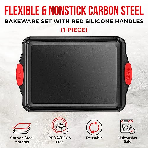 Nonstick Cookie Sheet Pan Carbon Steel Oven Tray Sheet Pan with Red Silicone Handles -Medium Bakeware Pan Tray with Gray Coating Inside & Outside