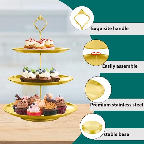 BZVlemon 3 Tier Stainless Steel Cupcake Stand, Gold Metal Serving Tray Cake Holder Cake Stand for Holiday Dessert Table Decorations Birthday Baby Shower Party Wedding (3tier-B)