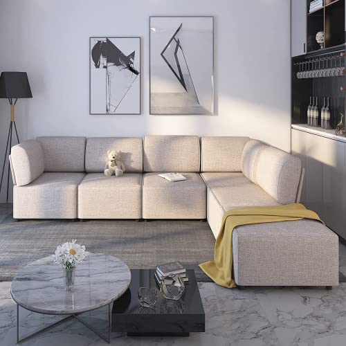 Mjkone Modular Sectional Sofa Set Convertible 6 Seat Linen Fabric L Shaped Sofa with Chaise Lounge U Shaped Couch with Ottoman Sleeper Sofa Bed Beige Sectional Couches for Living Room Small Space