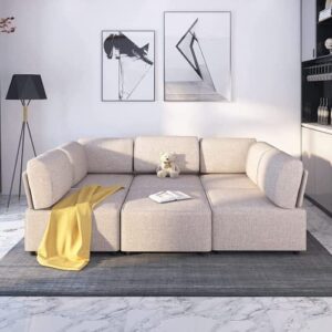 Mjkone Modular Sectional Sofa Set Convertible 6 Seat Linen Fabric L Shaped Sofa with Chaise Lounge U Shaped Couch with Ottoman Sleeper Sofa Bed Beige Sectional Couches for Living Room Small Space