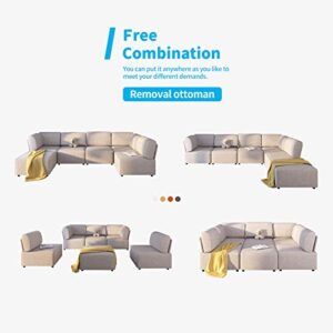 Mjkone Modular Sectional Sofa Set Convertible 6 Seat Linen Fabric L Shaped Sofa with Chaise Lounge U Shaped Couch with Ottoman Sleeper Sofa Bed Beige Sectional Couches for Living Room Small Space