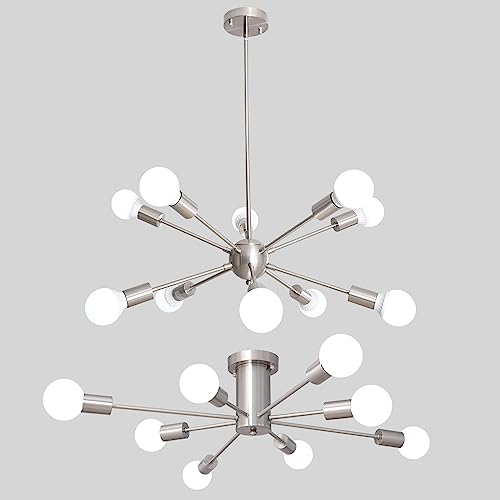 ALISADABOY Brushed Nickel 10 Light Sputnik Chandelier & 8 Light Nickel Sputnik Ceiling Light Fixture for Dining Room, Living Room, Kitchen, Entryway, Bedroom