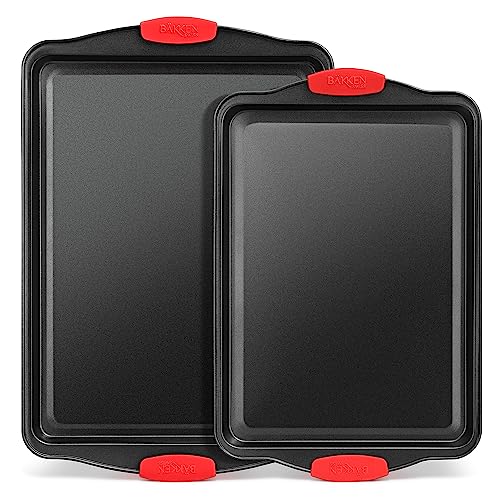 2 Piece Set Nonstick Carbon Steel Oven Bakeware -Professional Quality Kitchen Cooking Baking Trays -PFOA, PFOS, PTFE-Free Small & MediumBaking Sheet Pans with Red Silicone Handles