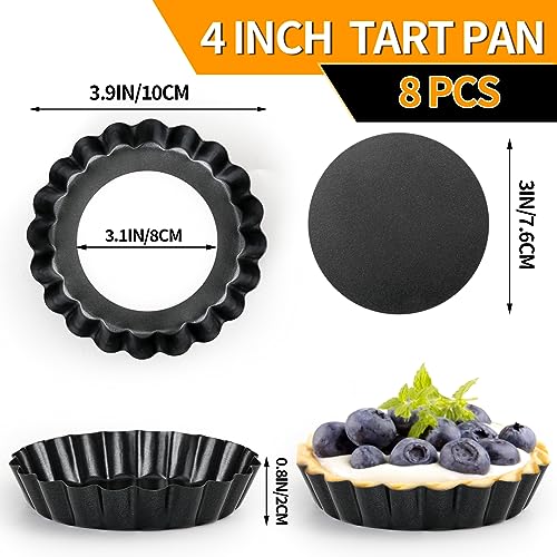 Dwlire 4 Inch Tart Pan Set of 8, Mini Tart Pans with Removable Bottom Nonstick Round Mini Quiche Pie Pan Reusable Carbon Steel Small Tartlet Mold for Pies,tart, Mousse Cakes,Dessert Baking