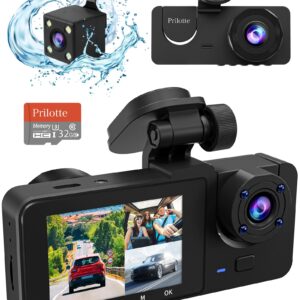 3 Channel Dash Cam Front and Rear Inside, 4K Full HD 170 Deg Wide Angle Dashboard Camera with 32GB SD Card,2.0 inch IPS Screen,Built in IR Night Vision,G-Sensor,Loop Recording,24H Parking Recording