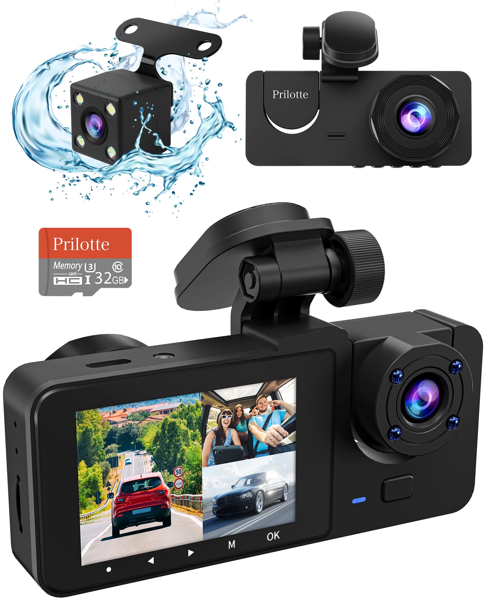 3 Channel Dash Cam Front and Rear Inside, 4K Full HD 170 Deg Wide Angle Dashboard Camera with 32GB SD Card,2.0 inch IPS Screen,Built in IR Night Vision,G-Sensor,Loop Recording,24H Parking Recording