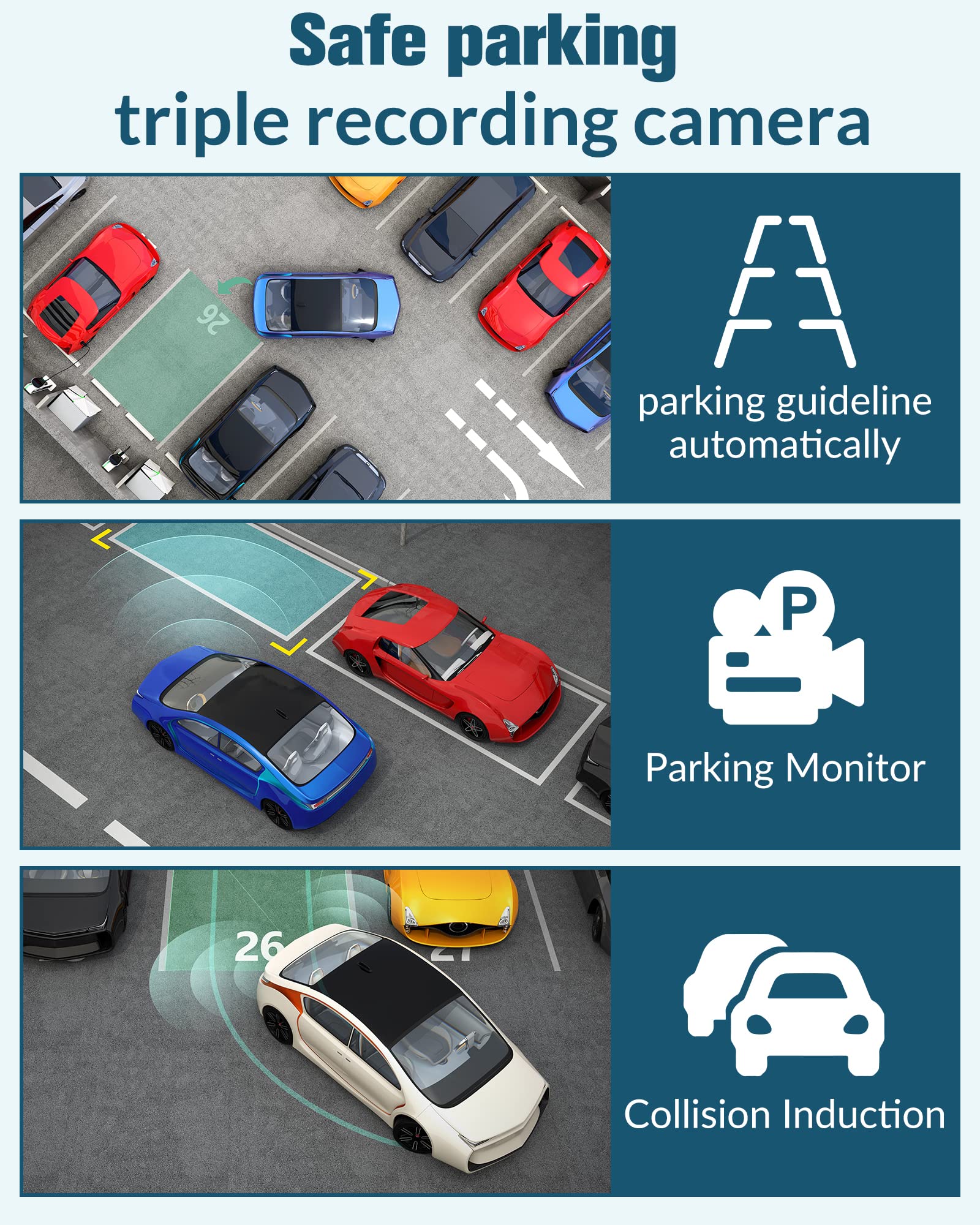 3 Channel Dash Cam Front and Rear Inside, 4K Full HD 170 Deg Wide Angle Dashboard Camera with 32GB SD Card,2.0 inch IPS Screen,Built in IR Night Vision,G-Sensor,Loop Recording,24H Parking Recording