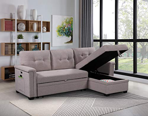 RITSU Living Room Reversible Sleeper Sectional Sofa with Storage Chaise, L-Shape Corner Couch with USB Charging Ports and Pocket, for, Home Furniture, Apartment, Dorm, Light Gray