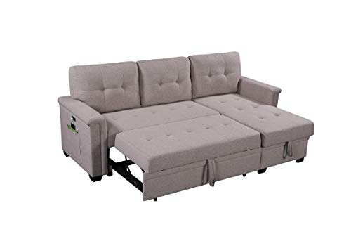 RITSU Living Room Reversible Sleeper Sectional Sofa with Storage Chaise, L-Shape Corner Couch with USB Charging Ports and Pocket, for, Home Furniture, Apartment, Dorm, Light Gray