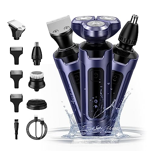 Electric Razor for Men, 2023 Men's Electric Shavers Rotary, LED Display-IPX7 Waterproof-Rechargeable, Electric Shaver for Men Cordless 5 in 1-3D Floating Head Replaceable Blades-Gifts for Men, Purple