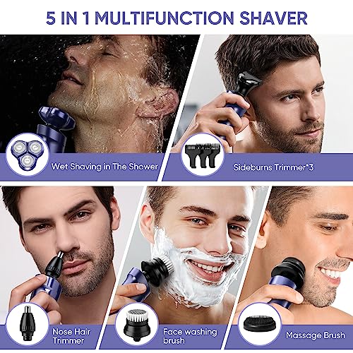 Electric Razor for Men, 2023 Men's Electric Shavers Rotary, LED Display-IPX7 Waterproof-Rechargeable, Electric Shaver for Men Cordless 5 in 1-3D Floating Head Replaceable Blades-Gifts for Men, Purple