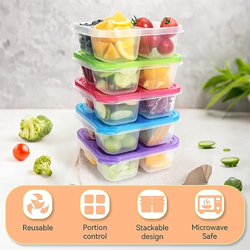 YULEER Bento Snack Boxes - Reusable 4-Compartment Food Containers with Transparent Lids, Set of 10