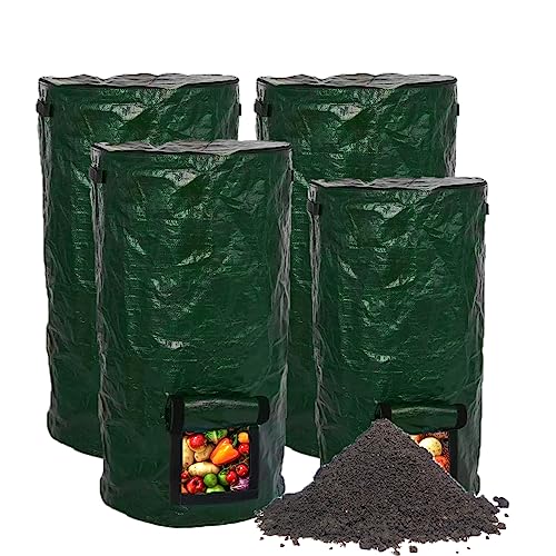 4 Pieces Garden Compost Bin Outdoor,Reusable Garden Yard Waste Bag Reusable Lawn Leaf Bags with Zipper Lid and Handles,Yard Waste Bag Container for Kitchen Waste（3×34Gallon +1×15Gallon ）