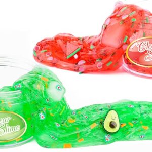 2 Pack Clear Slime Kit with Jelly Cubes, Watermelon Red Avocado Green Crystal Slime Set Crunchy Clear Slime for Kids Party Favors Holiday Christmas Toys for Girls Boys