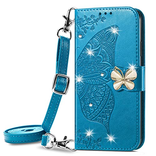 ONV Wallet Case for Oppo A53 2020-1.5M Adjustable Strap Emboss Butterfly Flip Phone Case Card Slot Magnet Leather Shell Flip Stand Cover for Oppo A53 2020 [ZS] -Blue