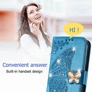 ONV Wallet Case for Oppo A53 2020-1.5M Adjustable Strap Emboss Butterfly Flip Phone Case Card Slot Magnet Leather Shell Flip Stand Cover for Oppo A53 2020 [ZS] -Blue