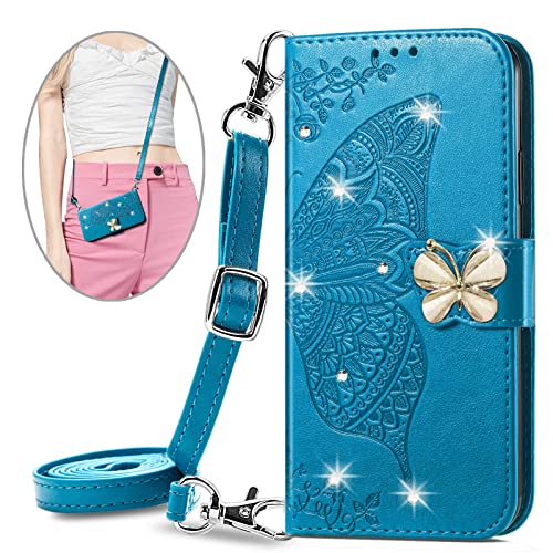 ONV Wallet Case for Oppo A53 2020-1.5M Adjustable Strap Emboss Butterfly Flip Phone Case Card Slot Magnet Leather Shell Flip Stand Cover for Oppo A53 2020 [ZS] -Blue