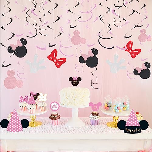 30CT Minnie Hanging Swirls Happy Birthday Decorations, Pink Mini Mouse Theme Party Decorations, Minnie Streamers for Ceiling Mouse Cartoon Party Supplies Pink Glitter Party Decor Girls Baby Shower