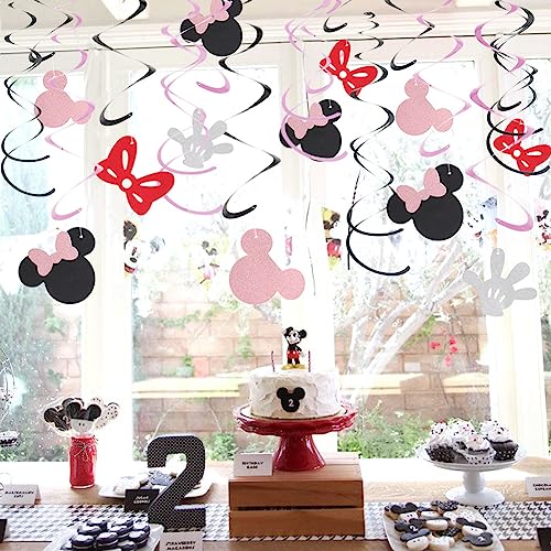 30CT Minnie Hanging Swirls Happy Birthday Decorations, Pink Mini Mouse Theme Party Decorations, Minnie Streamers for Ceiling Mouse Cartoon Party Supplies Pink Glitter Party Decor Girls Baby Shower