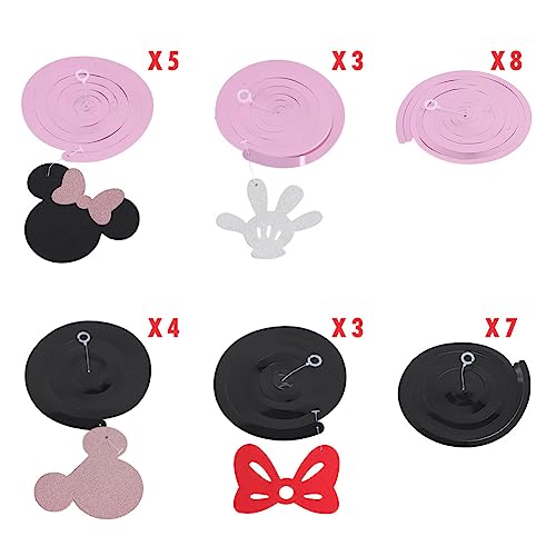 30CT Minnie Hanging Swirls Happy Birthday Decorations, Pink Mini Mouse Theme Party Decorations, Minnie Streamers for Ceiling Mouse Cartoon Party Supplies Pink Glitter Party Decor Girls Baby Shower