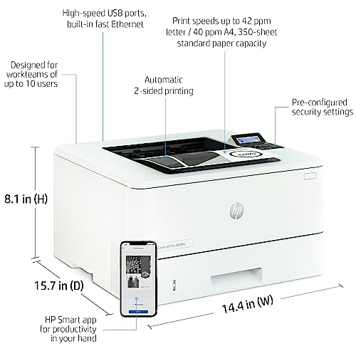 HP Laserjet Pro 4001dw Single-Function Wireless Monochrome Laser Printer - Print only - 2-line Back lit LCD Display, 42 ppm, 1200 x 1200 dpi, Auto 2-Sided Printing, 8.5 x 14, Ethernet