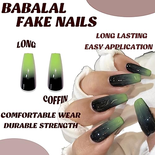 BABALAL Coffin Press on Nails Long Fake Nails Green Black Glue on Nails 24Pcs Ombre Ballerina Acrylic Nails for Women and Girls