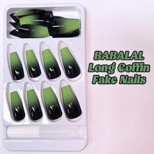 BABALAL Coffin Press on Nails Long Fake Nails Green Black Glue on Nails 24Pcs Ombre Ballerina Acrylic Nails for Women and Girls