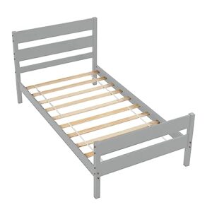 LCH Twin Bed with Headboard and Footboard, Twin Bed Frame for Boys and Girls, Wood Bed Frame for Bedroom, No Box Spring Needed, Grey