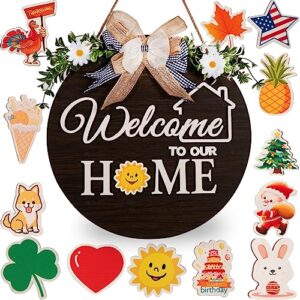 Interchangeable Welcome Sign Front Door Decoration,containing 14 signs. Family Porch Suspension Welcomes Round Wood Decoration. Welcome Sign diameter 12.6 Inch (Black)