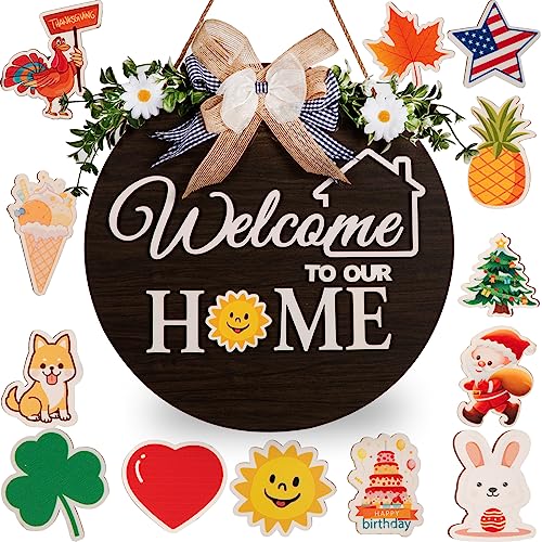 Interchangeable Welcome Sign Front Door Decoration,containing 14 signs. Family Porch Suspension Welcomes Round Wood Decoration. Welcome Sign diameter 12.6 Inch (Black)