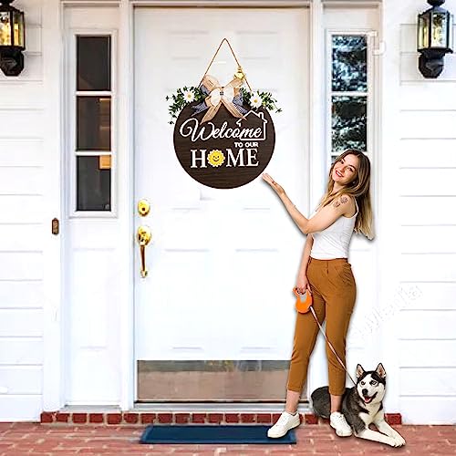 Interchangeable Welcome Sign Front Door Decoration,containing 14 signs. Family Porch Suspension Welcomes Round Wood Decoration. Welcome Sign diameter 12.6 Inch (Black)