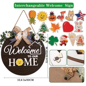 Interchangeable Welcome Sign Front Door Decoration,containing 14 signs. Family Porch Suspension Welcomes Round Wood Decoration. Welcome Sign diameter 12.6 Inch (Black)