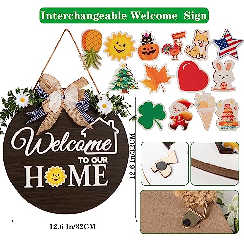 Interchangeable Welcome Sign Front Door Decoration,containing 14 signs. Family Porch Suspension Welcomes Round Wood Decoration. Welcome Sign diameter 12.6 Inch (Black)