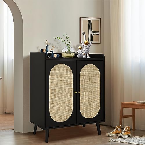 Rattan Sideboard Buffet Cabinet, Accent Storage Cabinet with Handmade Natural Rattan Doors, Free Standing Shoe Rack with Rattan Doors, Natural Rattan Shoe Cabinet Organizer for Bedroom (Black)