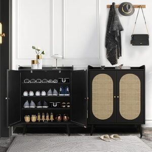 Rattan Sideboard Buffet Cabinet, Accent Storage Cabinet with Handmade Natural Rattan Doors, Free Standing Shoe Rack with Rattan Doors, Natural Rattan Shoe Cabinet Organizer for Bedroom (Black)