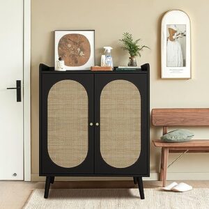 Rattan Sideboard Buffet Cabinet, Accent Storage Cabinet with Handmade Natural Rattan Doors, Free Standing Shoe Rack with Rattan Doors, Natural Rattan Shoe Cabinet Organizer for Bedroom (Black)