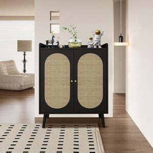 Rattan Sideboard Buffet Cabinet, Accent Storage Cabinet with Handmade Natural Rattan Doors, Free Standing Shoe Rack with Rattan Doors, Natural Rattan Shoe Cabinet Organizer for Bedroom (Black)