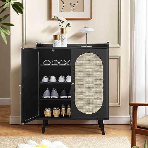 Rattan Sideboard Buffet Cabinet, Accent Storage Cabinet with Handmade Natural Rattan Doors, Free Standing Shoe Rack with Rattan Doors, Natural Rattan Shoe Cabinet Organizer for Bedroom (Black)