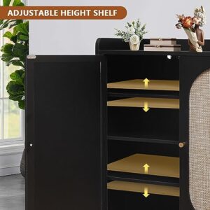 Rattan Sideboard Buffet Cabinet, Accent Storage Cabinet with Handmade Natural Rattan Doors, Free Standing Shoe Rack with Rattan Doors, Natural Rattan Shoe Cabinet Organizer for Bedroom (Black)