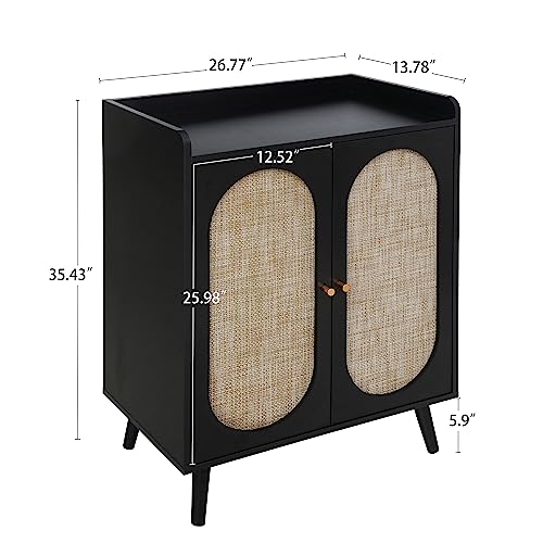 Rattan Sideboard Buffet Cabinet, Accent Storage Cabinet with Handmade Natural Rattan Doors, Free Standing Shoe Rack with Rattan Doors, Natural Rattan Shoe Cabinet Organizer for Bedroom (Black)