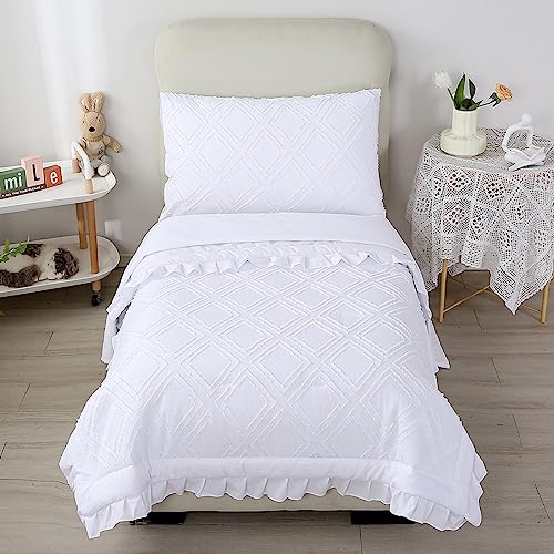 ZRNBAST 4-Piece White Toddler Bed Sets Tufted, 100% Microfiber Fluffy Toddler Comforter Set Tufts Ruffle Chic Bohemian for Girl Boy, Include Comforter, Flat Sheet, Fitted Sheet, Pillowcase (White)