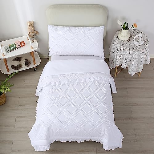 ZRNBAST 4-Piece White Toddler Bed Sets Tufted, 100% Microfiber Fluffy Toddler Comforter Set Tufts Ruffle Chic Bohemian for Girl Boy, Include Comforter, Flat Sheet, Fitted Sheet, Pillowcase (White)