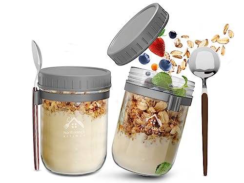 North Ranch Kitchen 16 oz overnight oats containers with lids - Jars with spoons and lids - made of premium borosilicate glass - 2x oatmeal jars with spoons & spoon holder