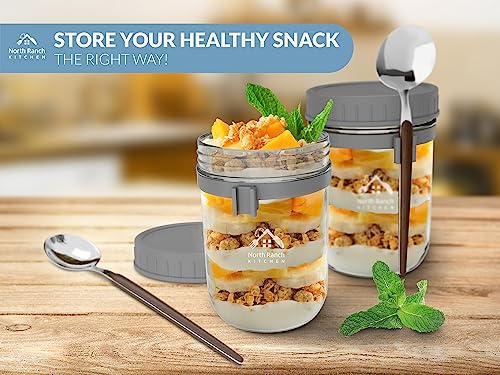 North Ranch Kitchen 16 oz overnight oats containers with lids - Jars with spoons and lids - made of premium borosilicate glass - 2x oatmeal jars with spoons & spoon holder