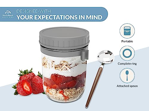 North Ranch Kitchen 16 oz overnight oats containers with lids - Jars with spoons and lids - made of premium borosilicate glass - 2x oatmeal jars with spoons & spoon holder