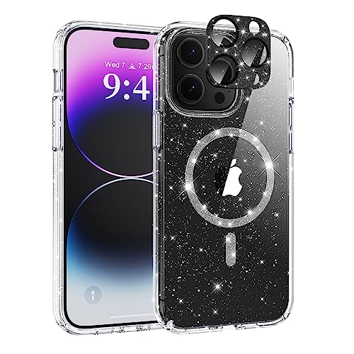 Hoerrye Glitter Clear Case for iPhone 14 Pro Max for Magsafe,[with Bling Camera Lens Protector] [Non-Yellowing] Women Girly Cute Magnetic Sparkly Slim Hard Shockproof Phone Cover 6.7 inch