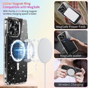 Hoerrye Glitter Clear Case for iPhone 14 Pro Max for Magsafe,[with Bling Camera Lens Protector] [Non-Yellowing] Women Girly Cute Magnetic Sparkly Slim Hard Shockproof Phone Cover 6.7 inch